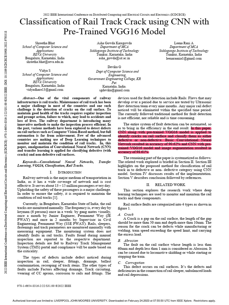 Classification Of Rail Track Crack Using Cnn With Pre Trained Vgg16 Model Pdf