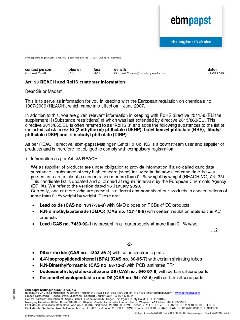 Ebm EpM REACH RoHS Schreiben Englisch Stand 20022020 | PDF | Capacitor ...