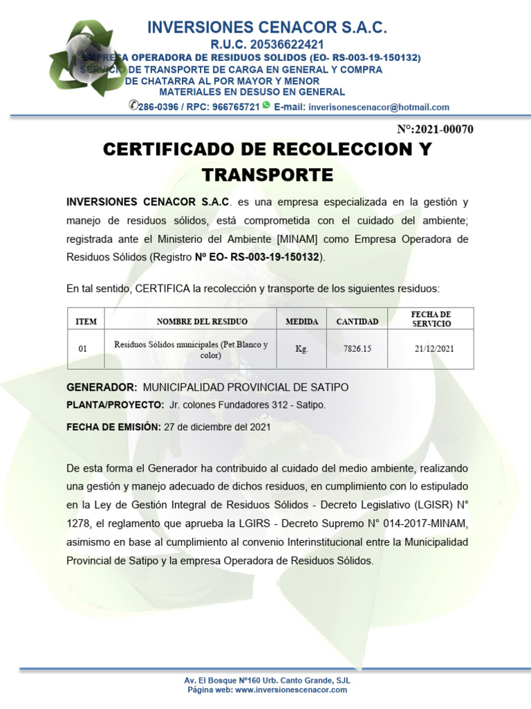 Certificados Recoleccion y Transporte, Comercializacion y Valorizacion | PDF | Residuos ...