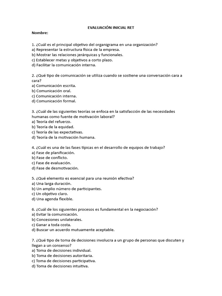 Evaluación Inicial RET: Preguntas Clave | PDF | Crecimiento personal y ...