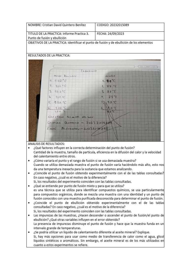 Informe Practica 3. Punto de Fusión y Ebullición | PDF