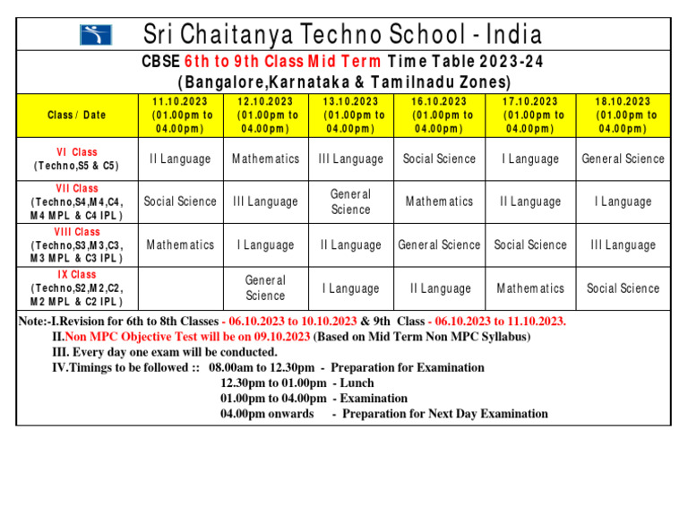 CBSE 6th To 9th Class Mid Term Time Table 2023-24 (Karnataka ...