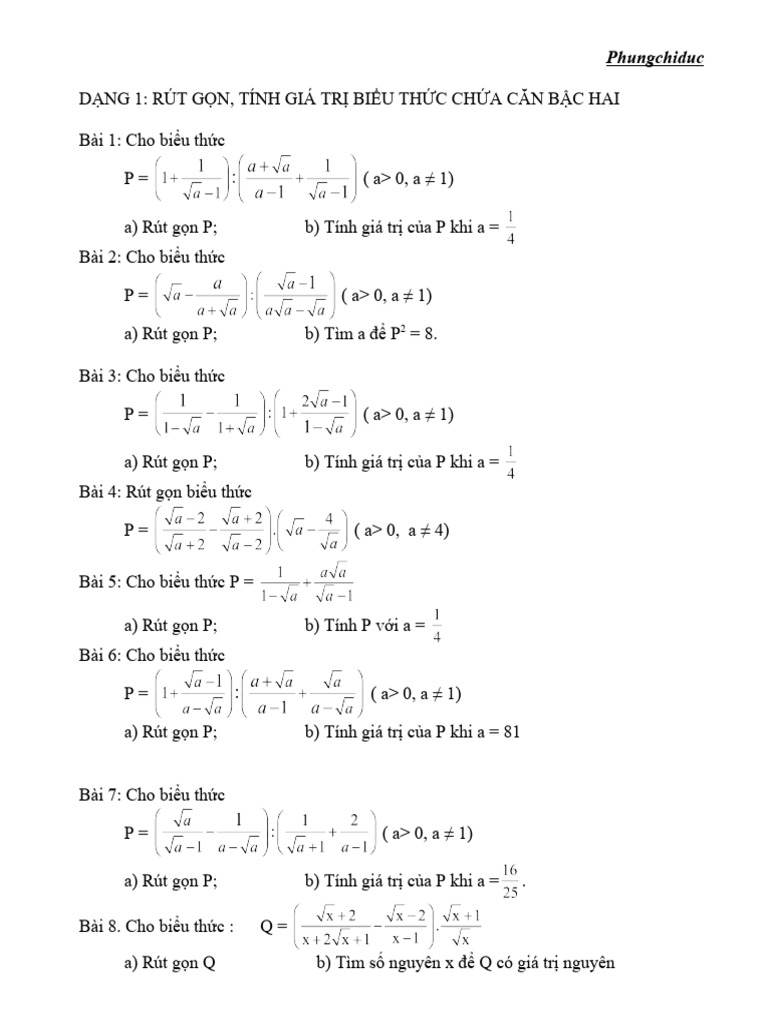 Bai Tap Rut Gon Bieu Thuc Co Chua Can Thuc On Thi Vao 10 | PDF