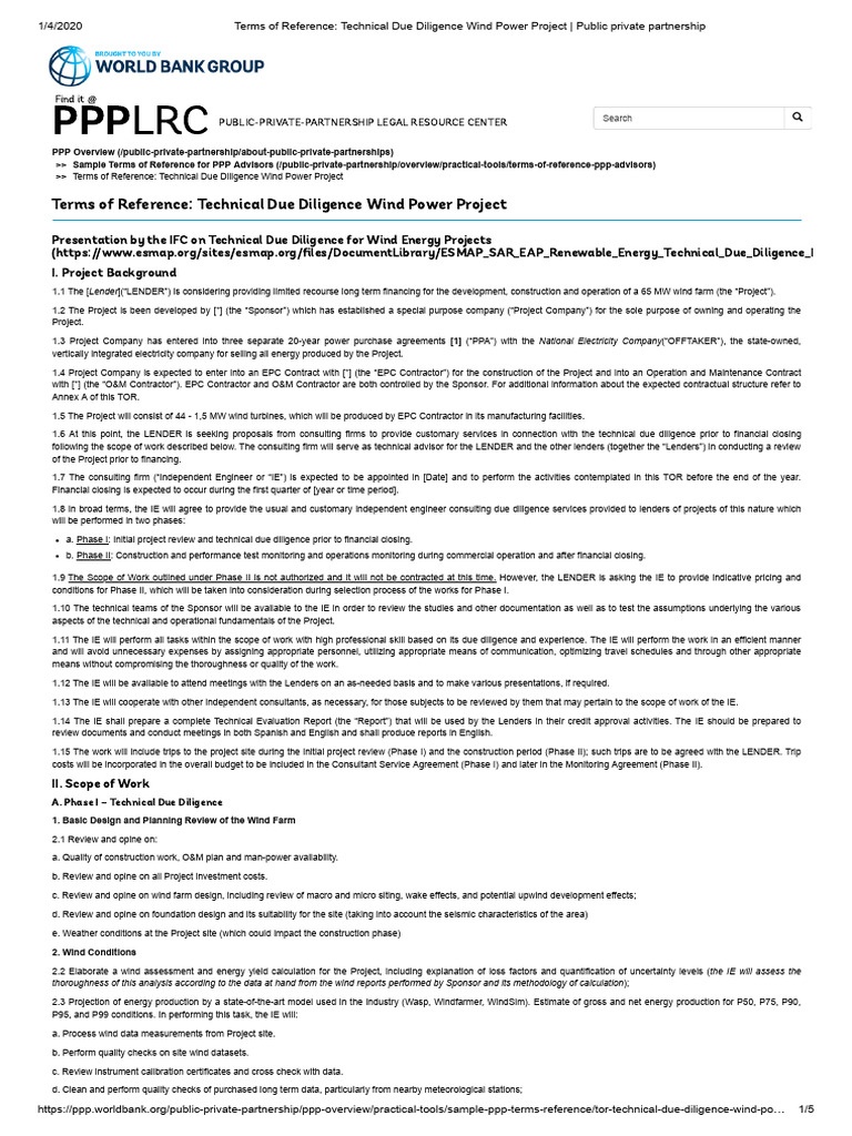 Terms of Reference - Technical Due Diligence Wind Power Project - Public Private Partnership ...