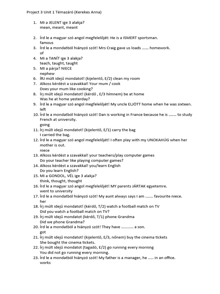 Project 3 Unit 1 Témazáró | PDF