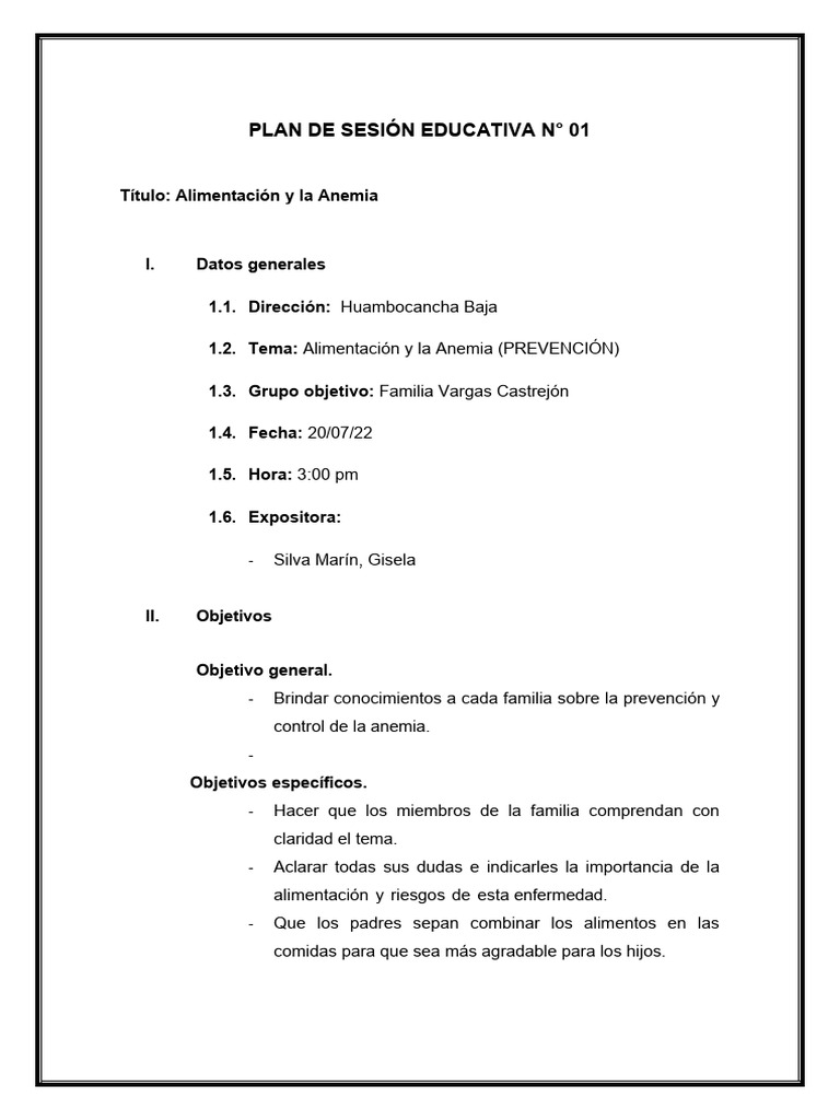 Plan de Sesión Educativa N1 Alimentacion y Anemia | PDF | Sangre | Glóbulo rojo
