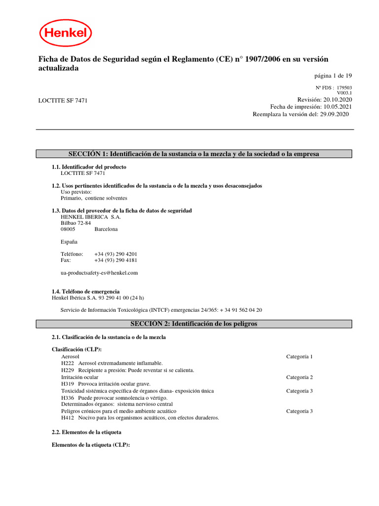 367ficha Seguridad Sds Loctite SF 7471 20-10-2020 | PDF