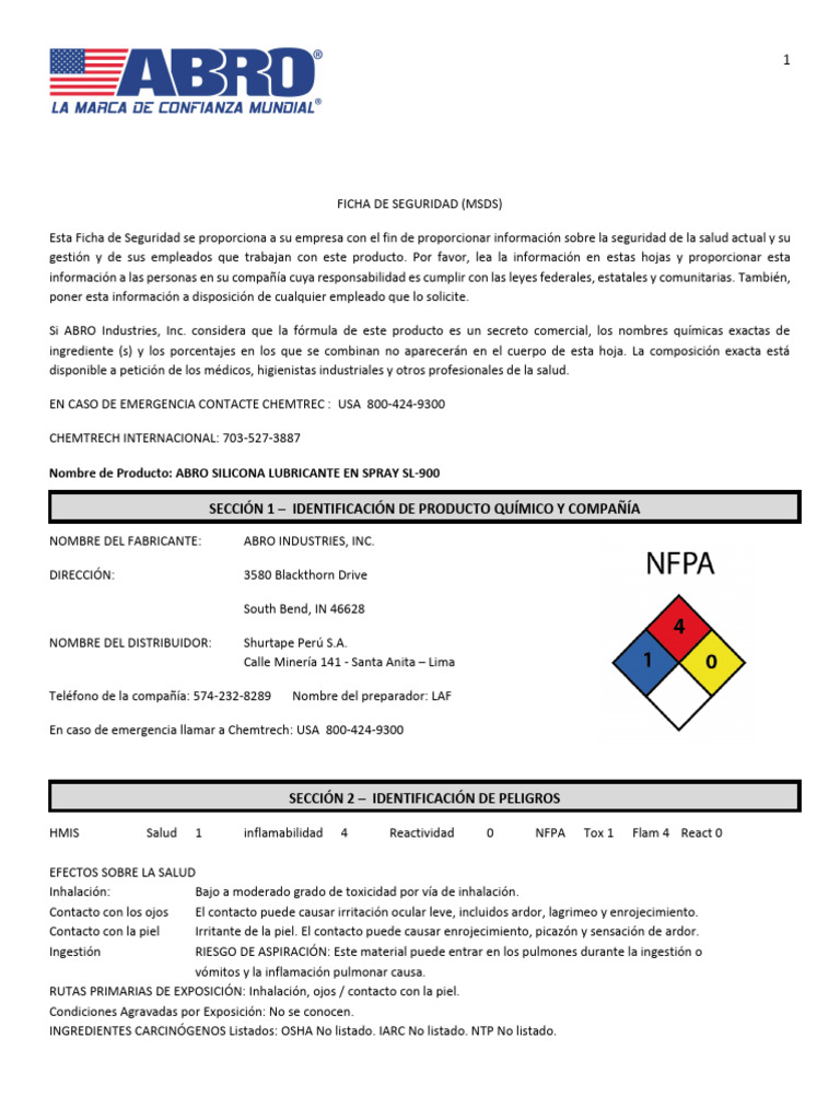 Msds Sl-900 Silicona Lubricante en Spray Esp | PDF