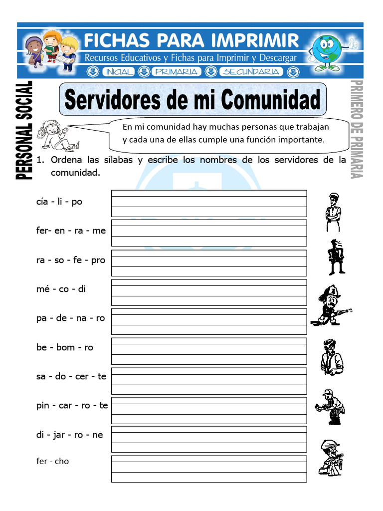 Ficha de Servidores de Mi Comunidad para Primero de Primaria | PDF