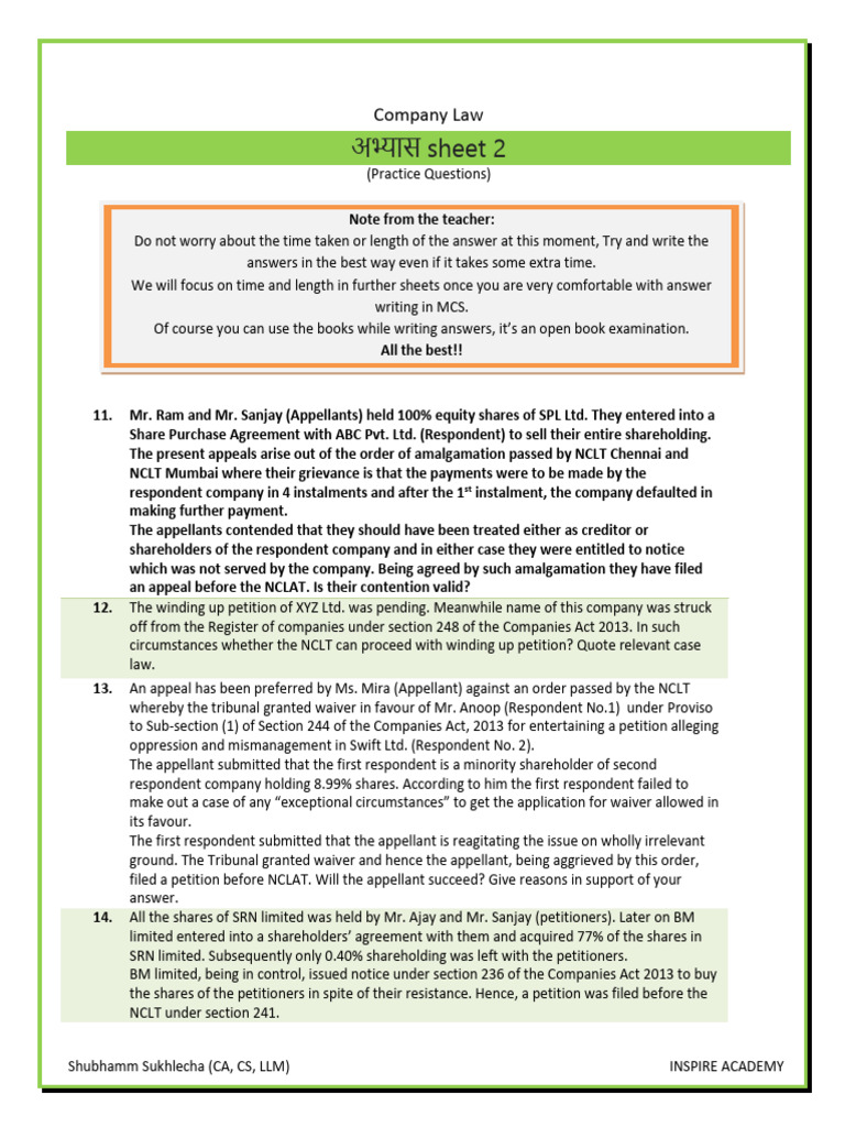 Company Law (Abhyas Sheet 2) | PDF | Lawsuit | Liquidation