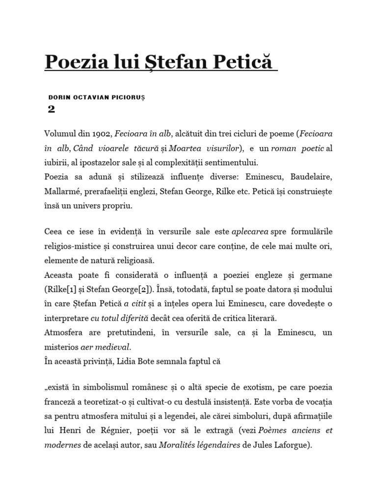 DORIN OCTAVIAN PICIORUȘ - Poezia lui Ștefan Petică | PDF