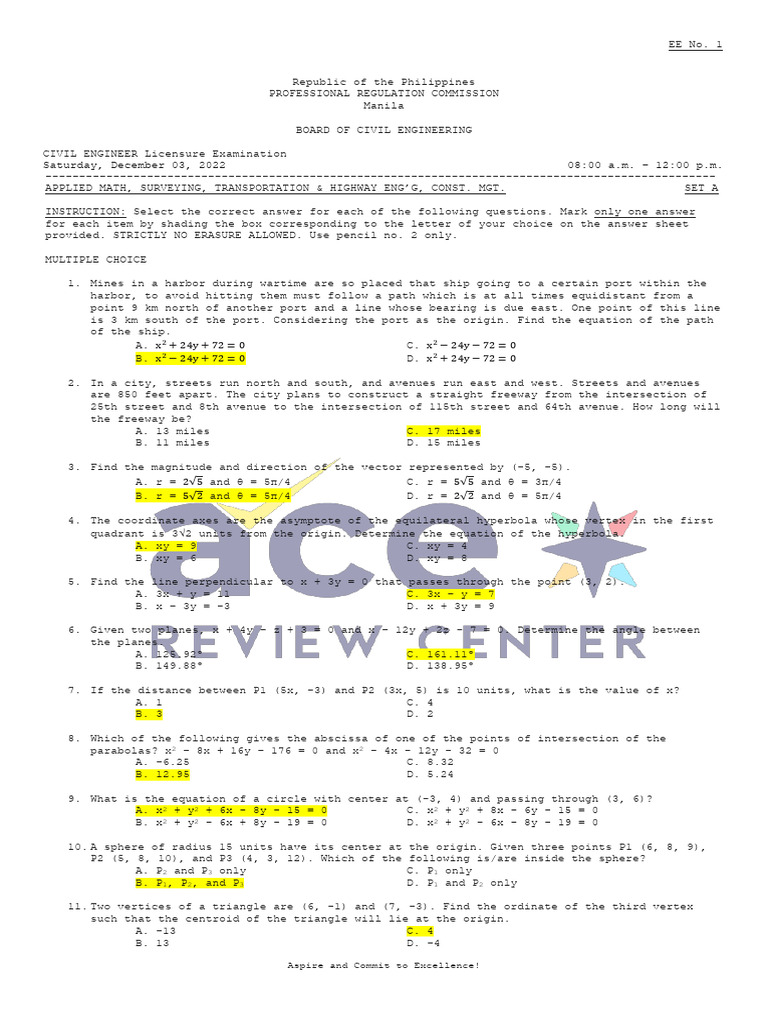CE EVALUATION EXAM No. 1 - Algebra, Trigo, Geometry, Diff Calc (Answer ...