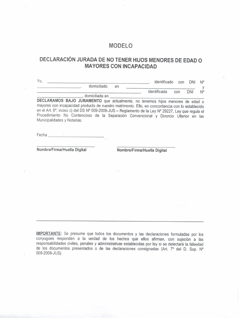 Declaracion jurada no tener hijos menores | PDF