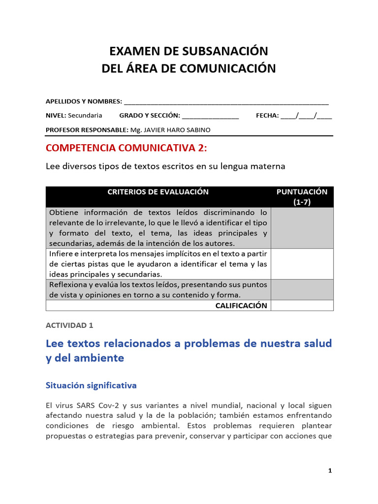 Examen de Subsanación Comunicación 5to | PDF | Póster | Lingüística