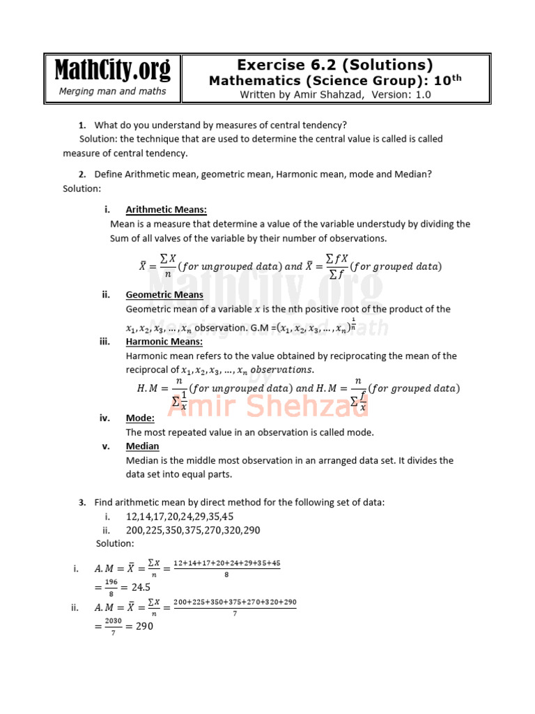 10th Grade Math Central Tendency Solutions | PDF | Mean | Mathematics
