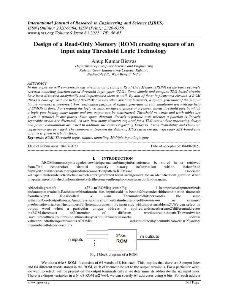 Design Of A Read Only Memory Rom Creating Square Of An Input Using Threshold Logic Technology
