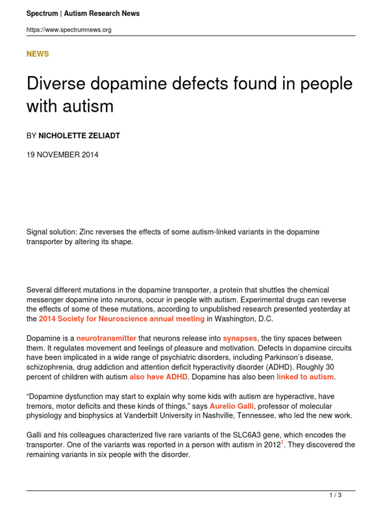 Diverse Dopamine Defects Found in People With Autism | PDF
