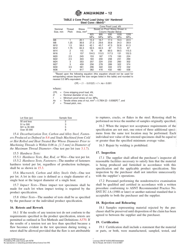 TABLE 2 Cone Proof Load Using 120° Hardened Steel Cone-Metric | PDF