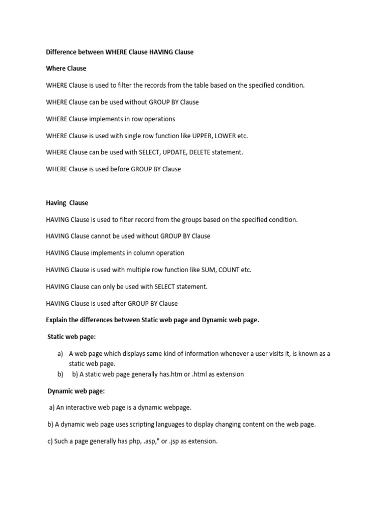 Difference Between WHERE Clause HAVING Clause | PDF Difference Between WHERE Clause HAVING Clause | PDF