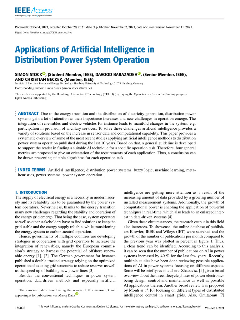 Applications of Artificial Intelligence in Distribution Power System Operation | PDF