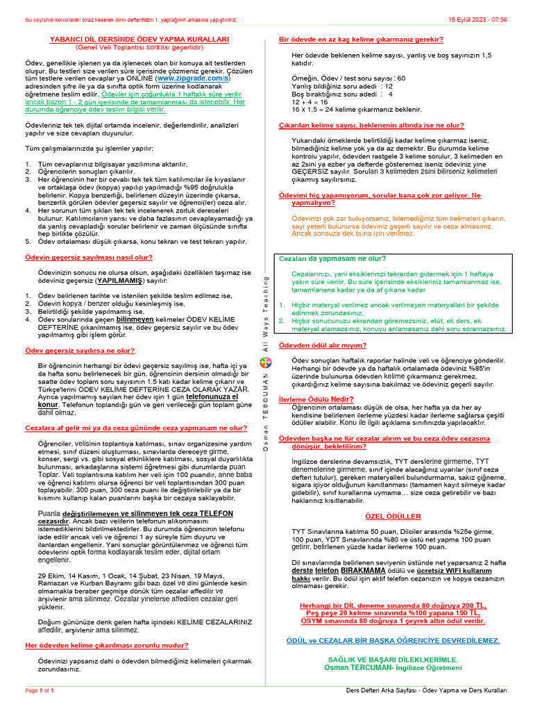 Ders Defteri Arka Sayfası - Ödev | PDF