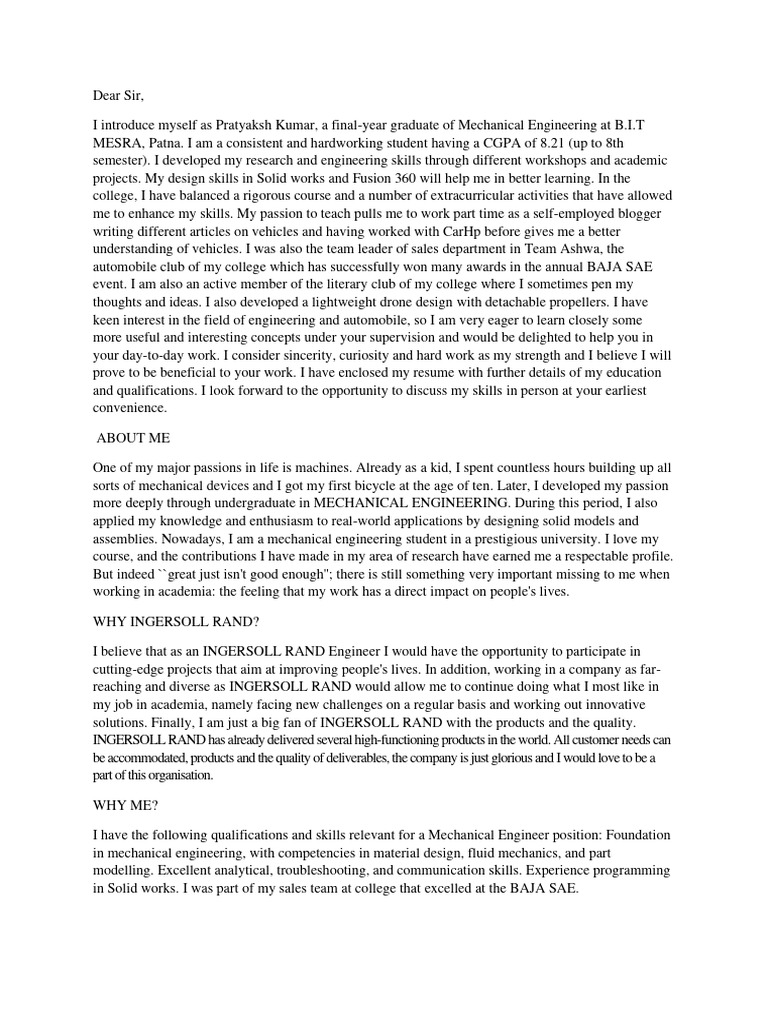 Cover Letter Ingersoll Rand | PDF | Engineering | Mechanical Engineering