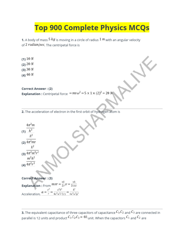 Top 900 Complete Physics MCQs - Watermark | PDF | Logic Gate | Force