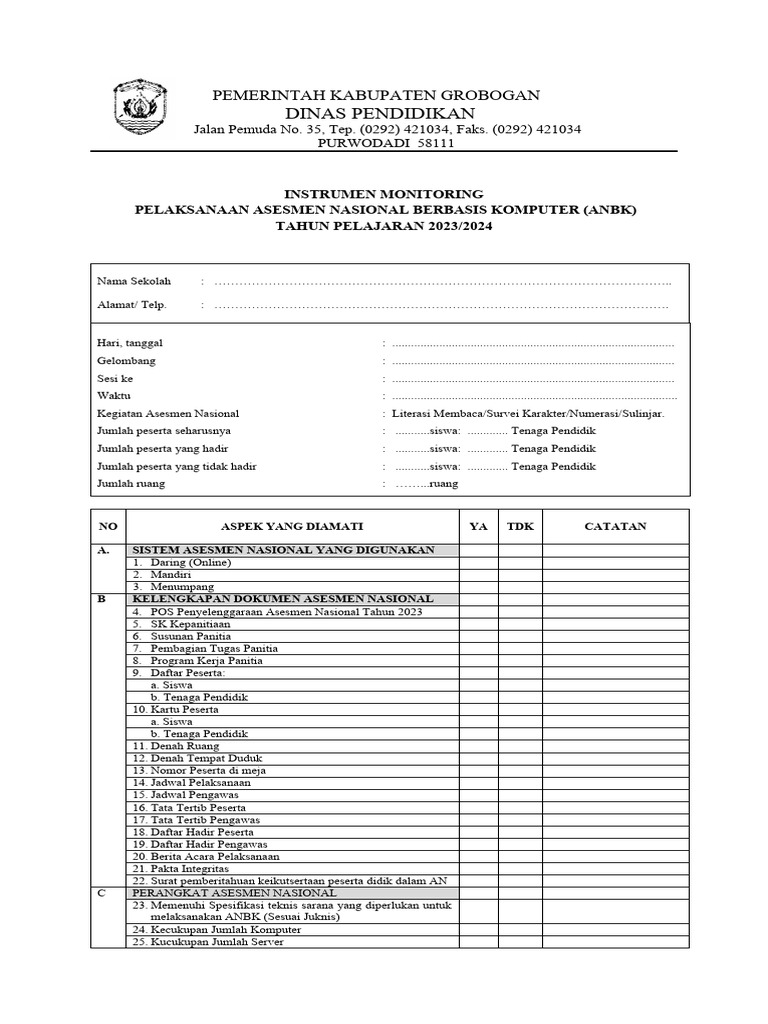 Lembar Monitoring ANBK | PDF