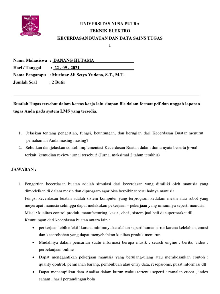 Sesi 1. Tugas 1 - Kecerdasan Buatan Dan Data Sains | PDF | Teknologi & Rekayasa
