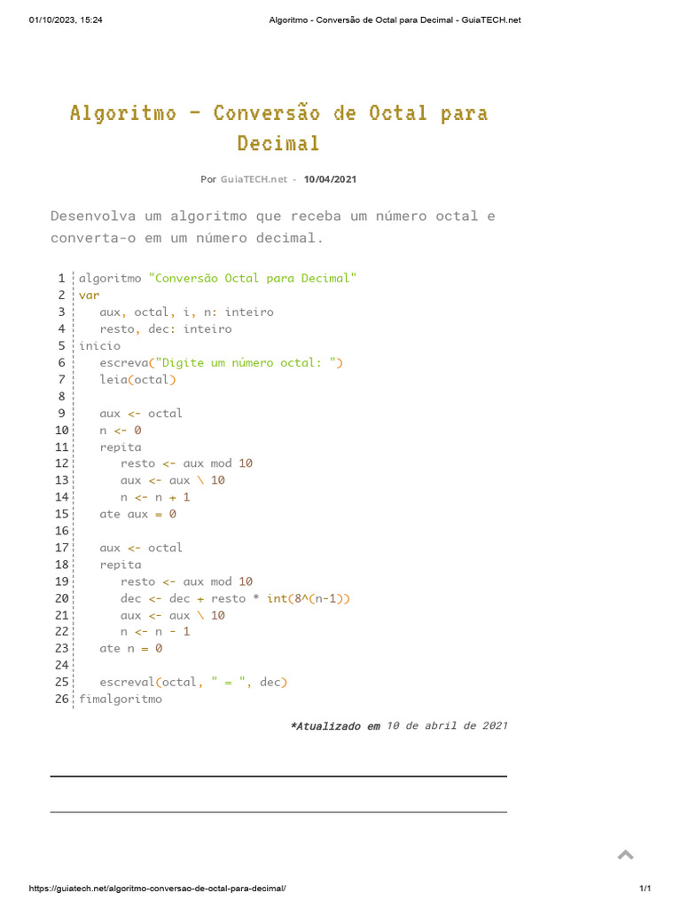 Algoritmo - Conversão de Octal para Decimal | PDF