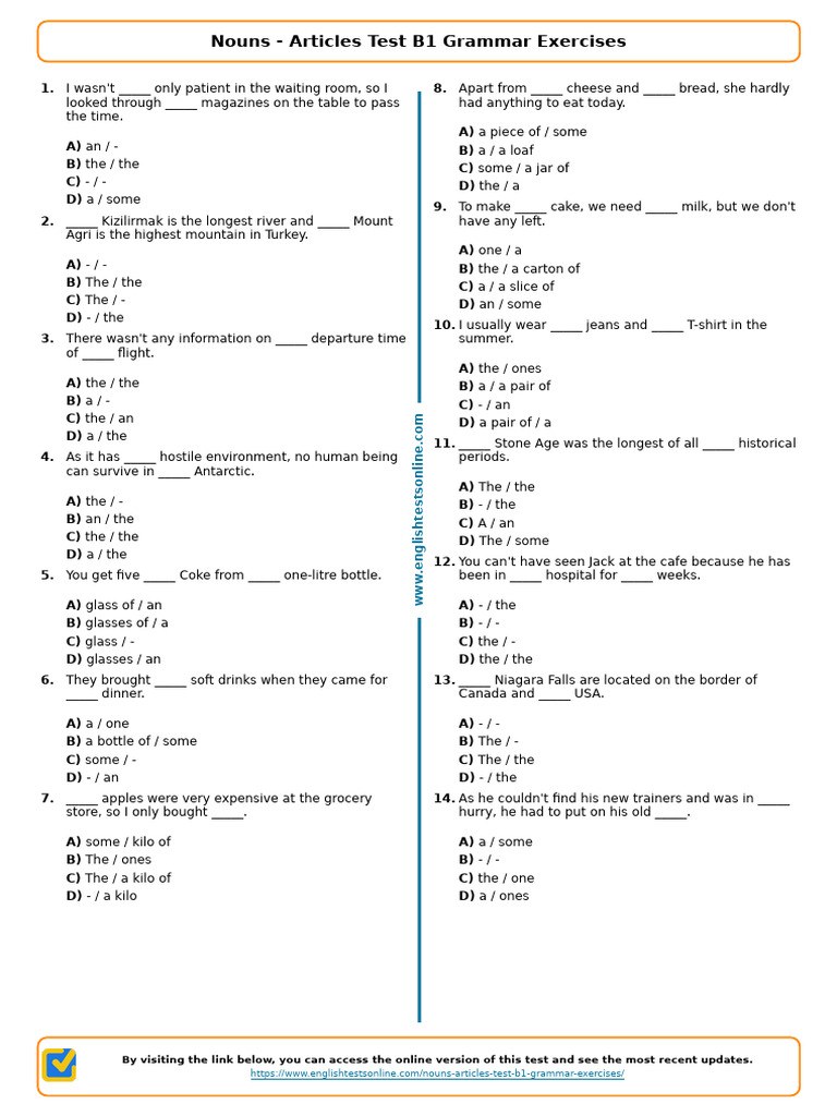 495 Nouns Articles Test b1 Grammar Exercises | PDF