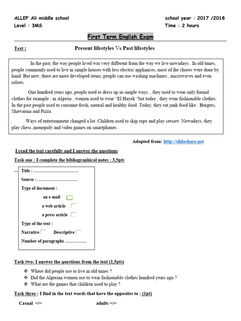 3MS - ENGLISH FIRST TERM EXAM - by Teacher Narita Melitcha Narimen | PDF