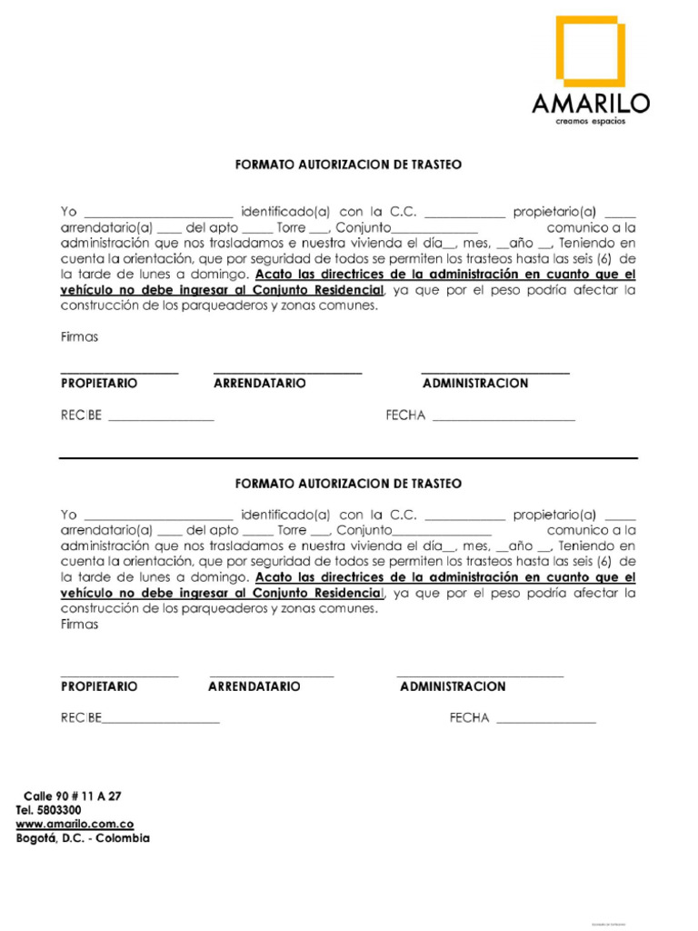 Formato Autorizacion de Trasteo Amarilo | PDF