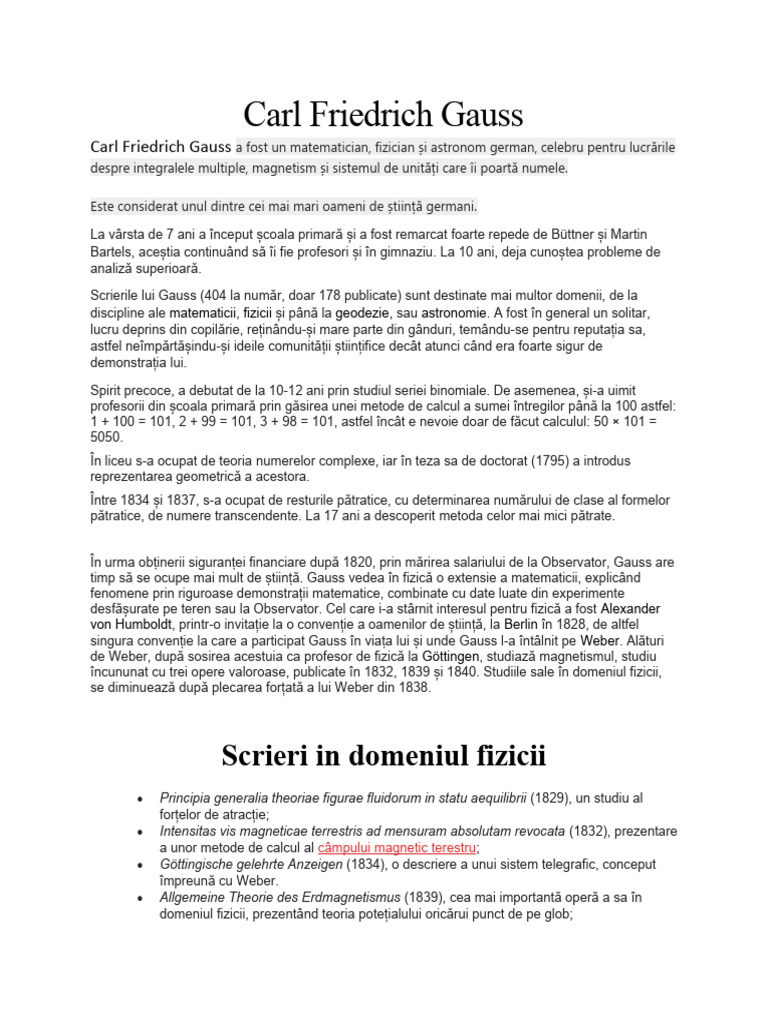 Carl Friedrich Gauss Informatii Pdf