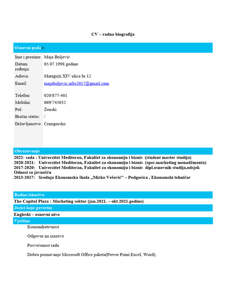 CV Maja Boljević | PDF
