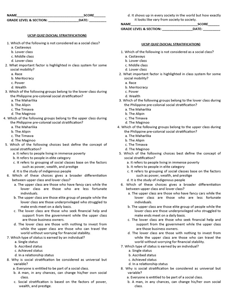 Quiz in Social Stratification | PDF | Meritocracy | Social Stratification