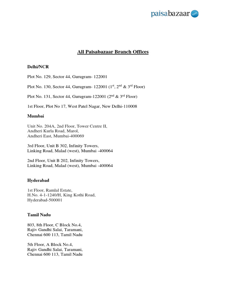 Paisabazaar Branch Office Locations | PDF