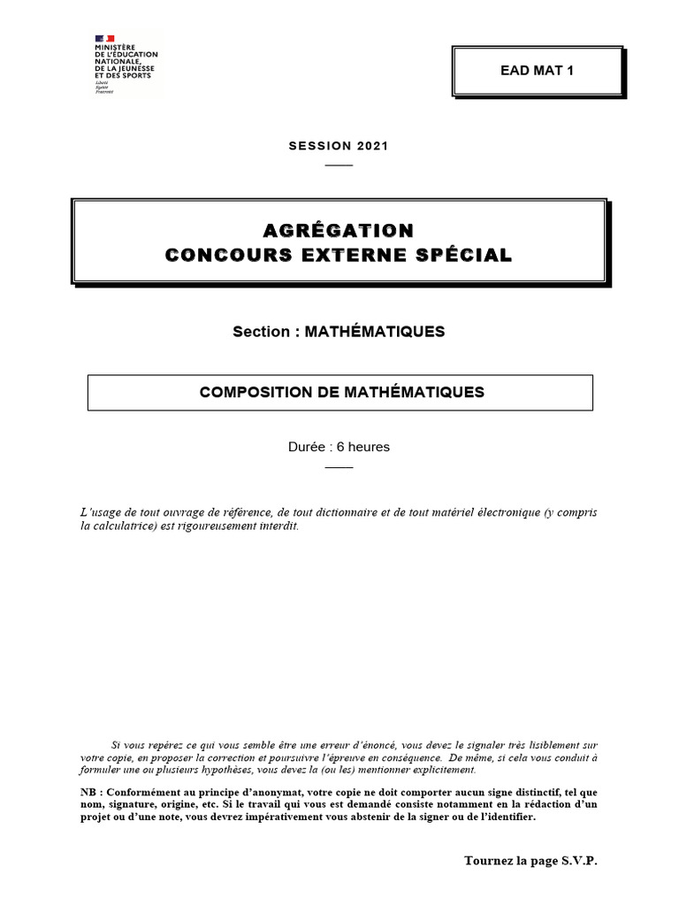 Concours Externe SP Cial de L Agr Gation Section Math Matiques Sujet de ...