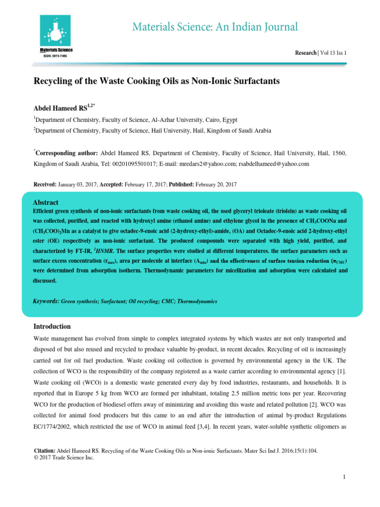 Recycling of The Waste Cooking Oils As Nonionic Surfactants | PDF ...