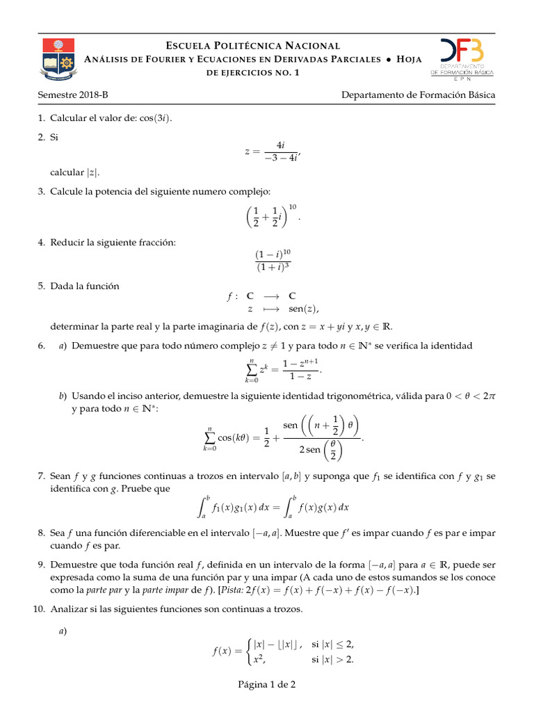 Ejercicios Análisis de Fourier y EDPs 2018B EPN | PDF