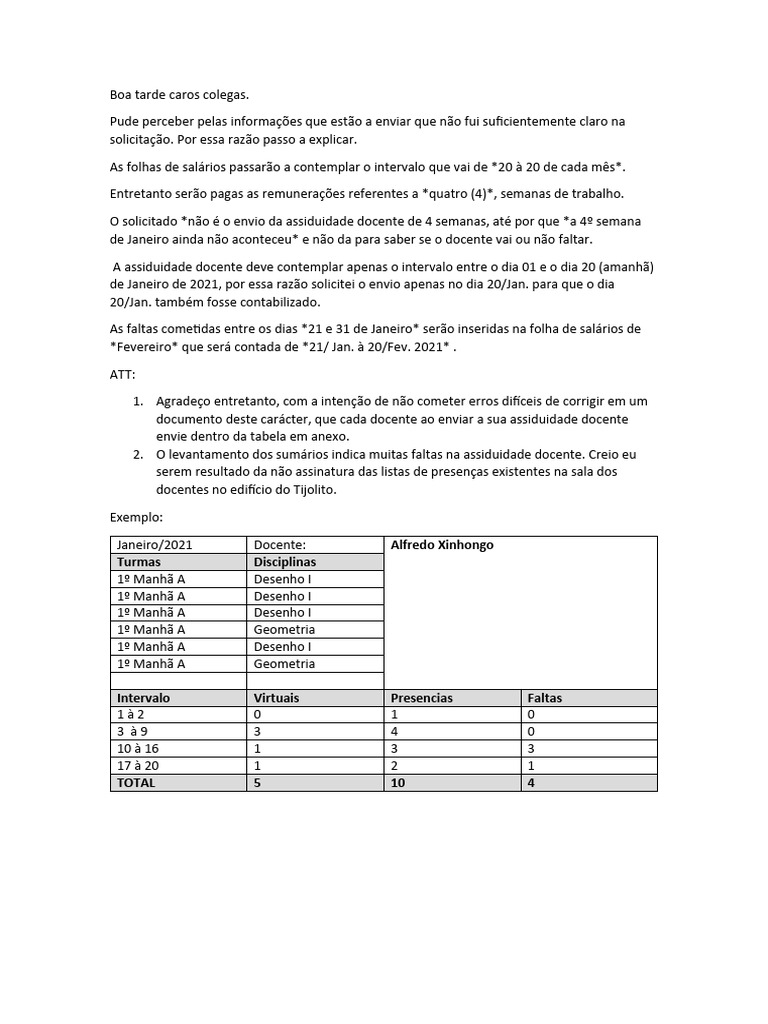 Tabela de Controlo de Assiduidade Docente | PDF