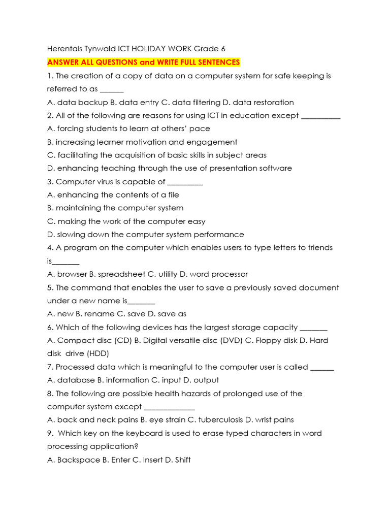 Ict Holiday Work Grade 6 | PDF | Computer File | Databases