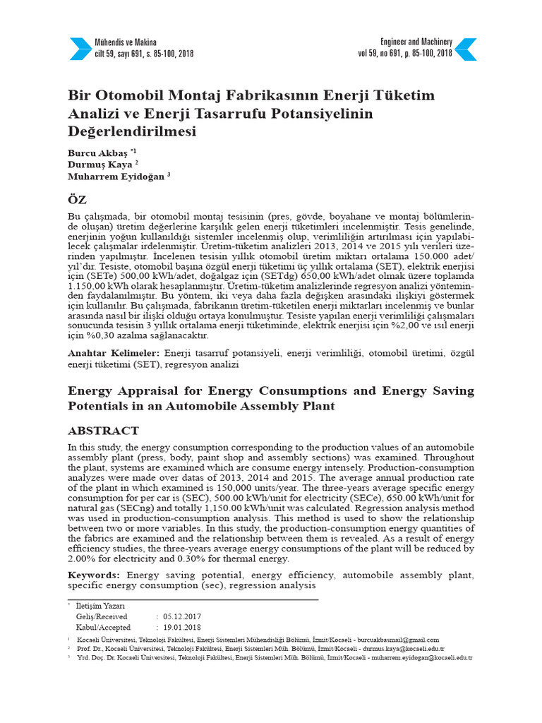 Bir Otomobil Montaj Fabrikas - N - N Enerji T - Ketim Analizi Ve Enerji ...