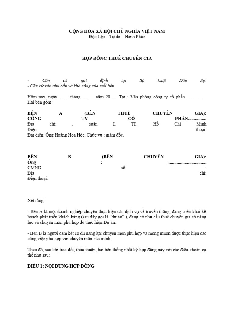 Mau Hop Dong Thue Chuyen Gia Nuoc Ngoai | PDF
