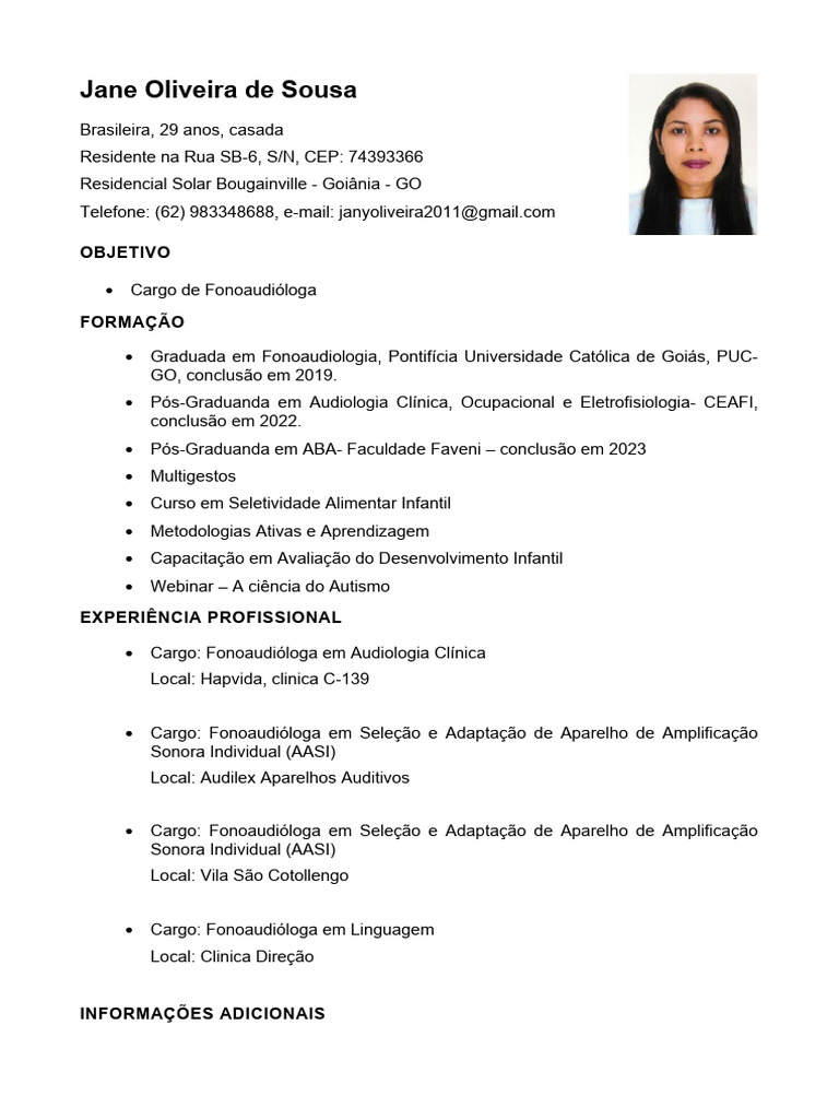 Currículo - Jane Oliveira - FONO LINGUAGEM | PDF