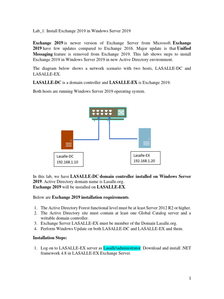 Lab 1 Install Exchange 2019 In Windows Server 2019 Pdf Active