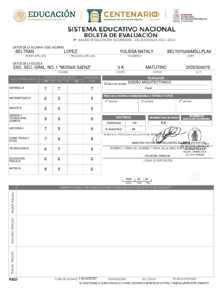 Beltran Lopez Yulissa Nataly Boleta Periodo 2 | PDF