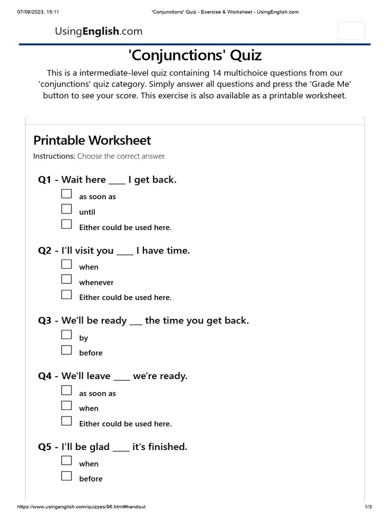 'Conjunctions' Quiz - Exercise & Worksheet | PDF