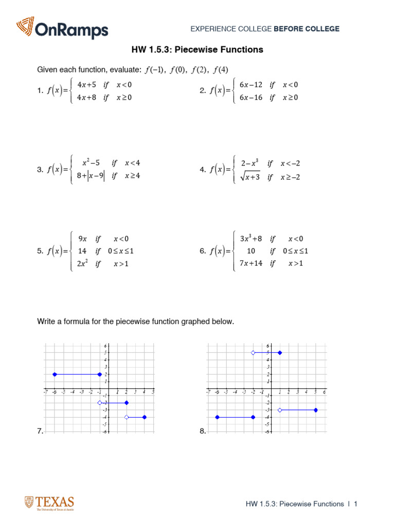 HW 1.5.3 Piecewise Functions | PDF | Integer | Mathematical Objects