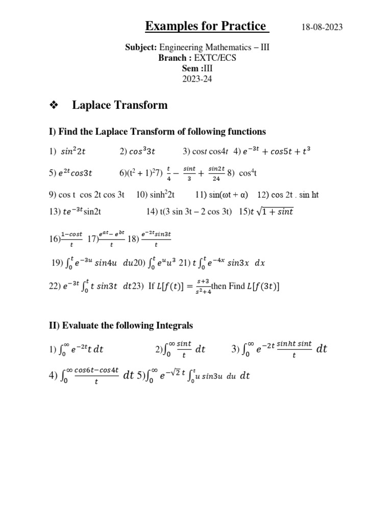 EM-3 Examples For Practice IA-1 Sem-3 | PDF | Eigenvalues And Eigenvectors | Laplace Transform